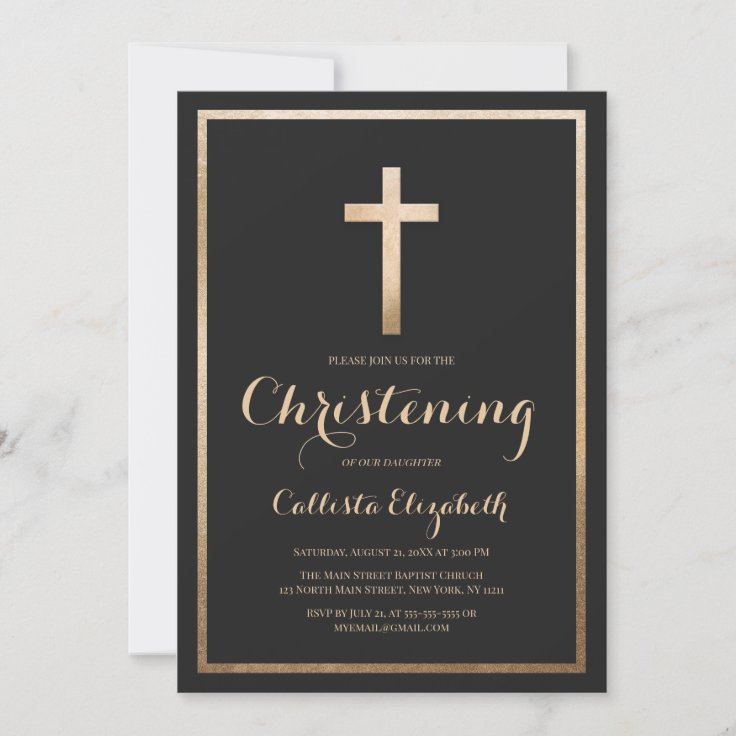 Modern Simple Black Gold Cross Border Christening Invitation | Zazzle