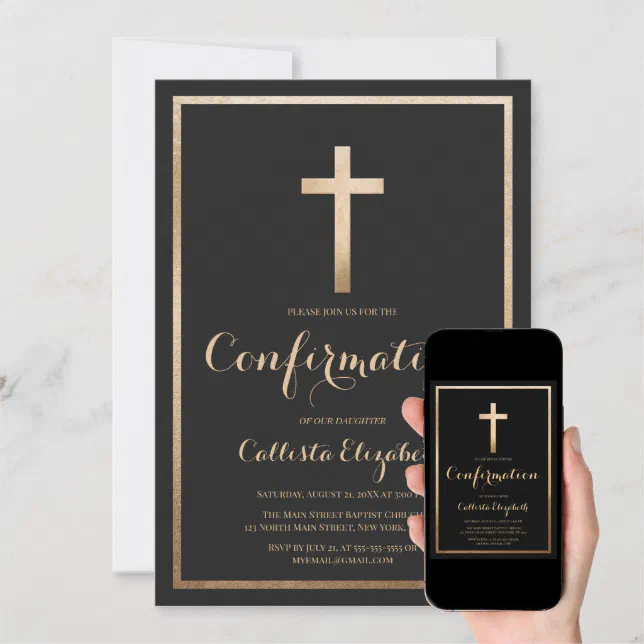 Modern Simple Black Gold Cross Border Confirmation Invitation | Zazzle