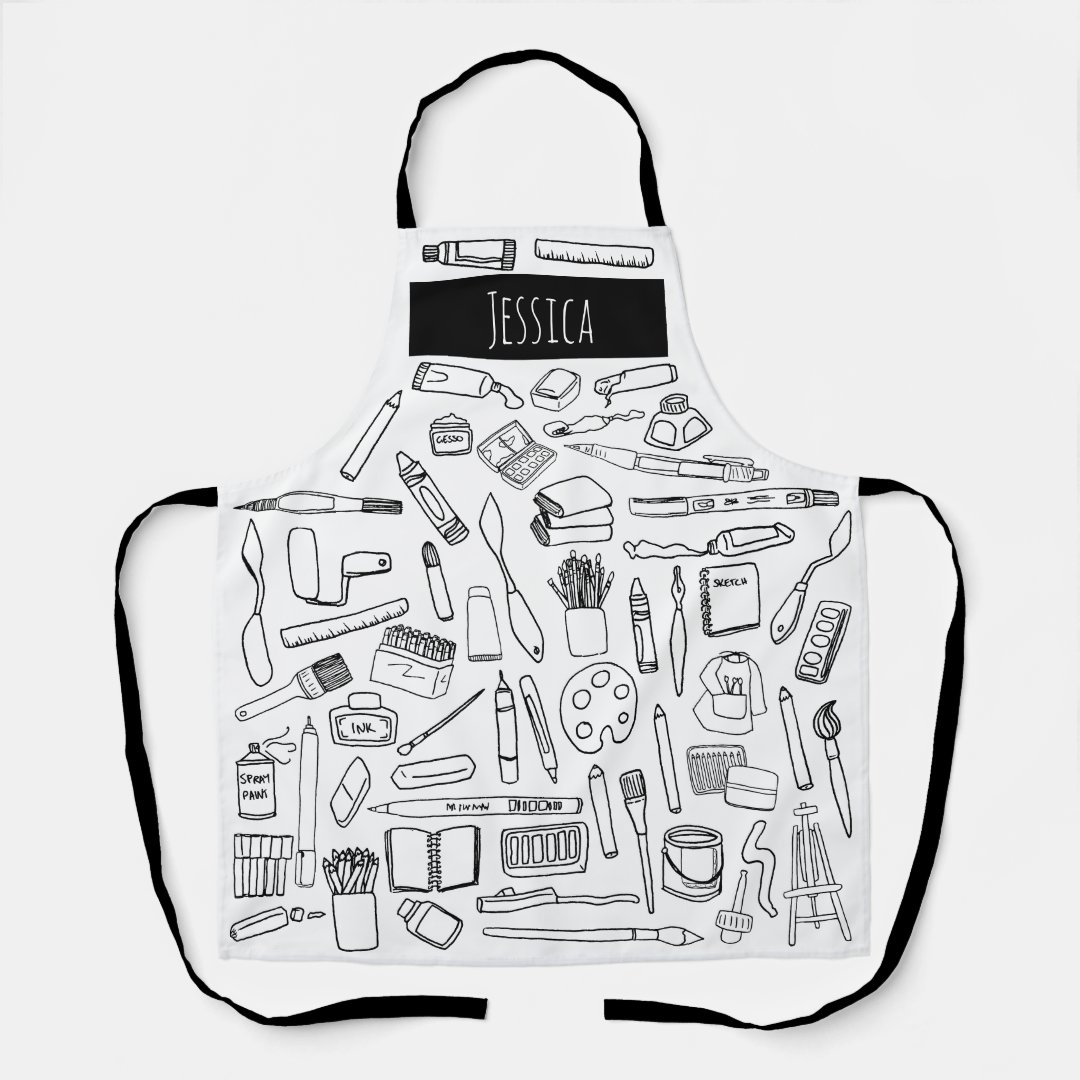 Modern Simple Black Line Art Supplies Artist Smock Apron | Zazzle