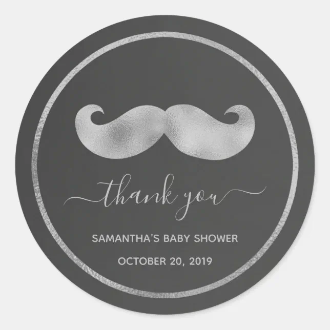Modern Simple Black Silver Mustache Thank You Classic Round Sticker ...