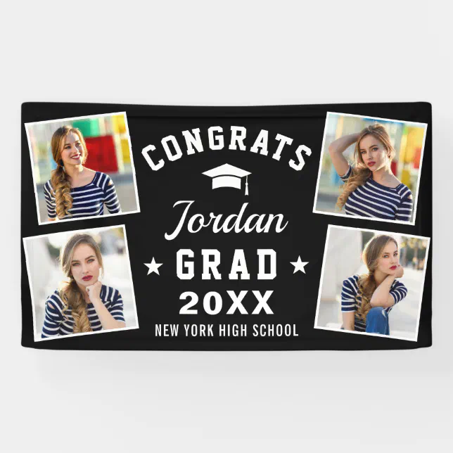 Modern Simple Black White Graduation Party 4 PHOTO Banner | Zazzle