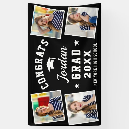Modern Simple Black White Graduation Party 4 PHOTO Banner | Zazzle