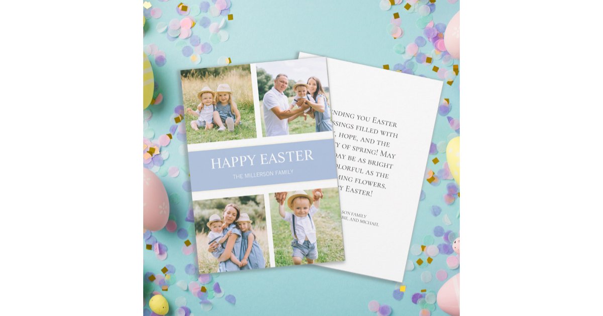 Modern Simple Blue 4 Family Photo Happy Easter Holiday Card | Zazzle