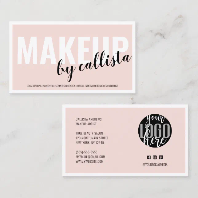 Modern Simple Blush Pink Border Logo Makeup Artist Business Card | Zazzle