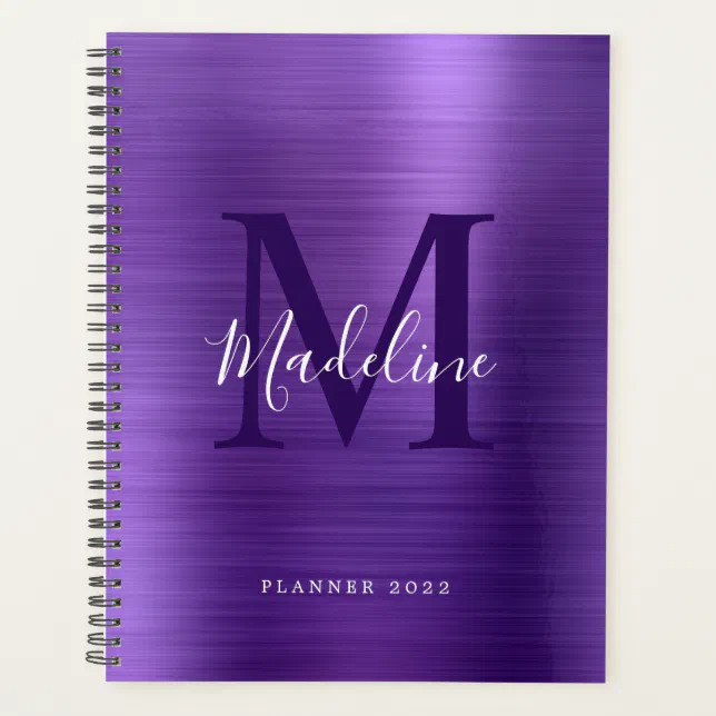 Modern Simple Brushed Metallic Purple Monogram Pla Planner | Zazzle