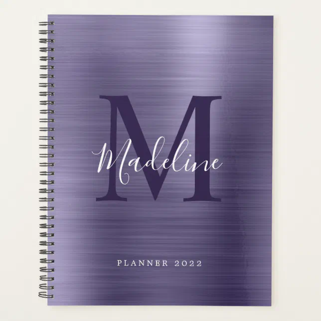 Modern Simple Brushed Metallic Purple Monogram Planner | Zazzle