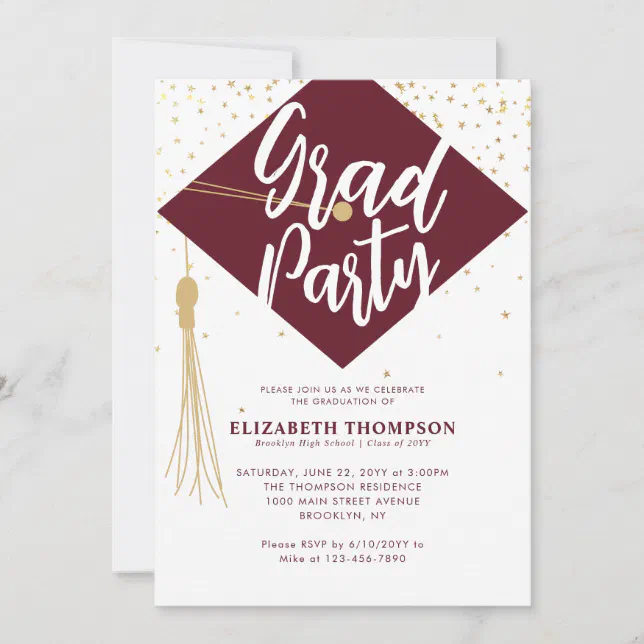Modern Simple Burgundy Gold GRAD Graduation Party Invitation | Zazzle