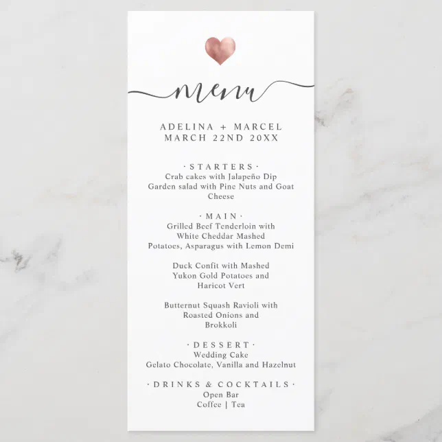 Modern Simple Calligraphy Rose Gold Heart Wedding Menu | Zazzle
