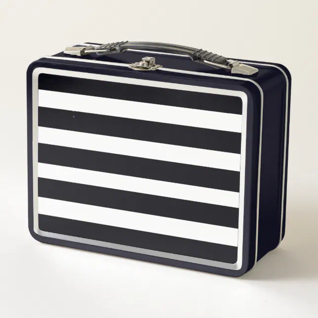 Modern Simple Chic Black And White Striped Black Metal Lunch Box | Zazzle