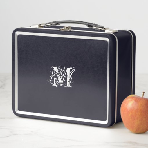 Modern Simple Classic Elegant White Monogram Black Metal Lunch Box | Zazzle