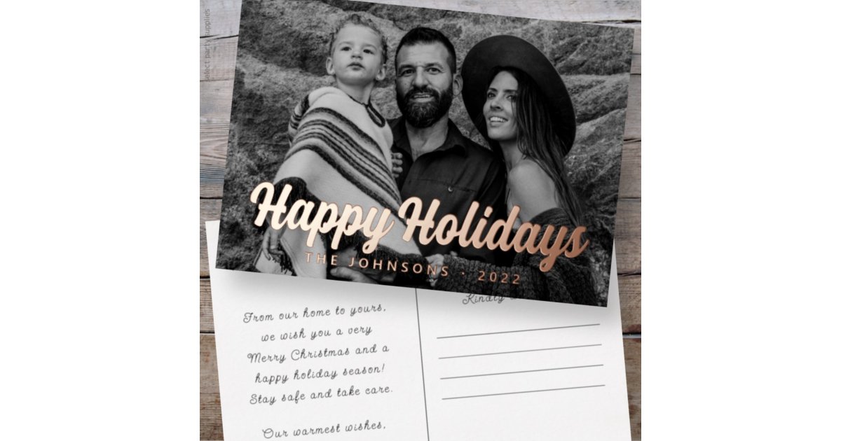 Modern Simple Cursive Script Greeting Family Photo Foil Holiday ...