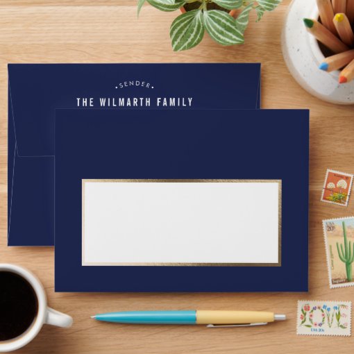 MODERN simple dark navy blue Geometric gold frame Envelope | Zazzle