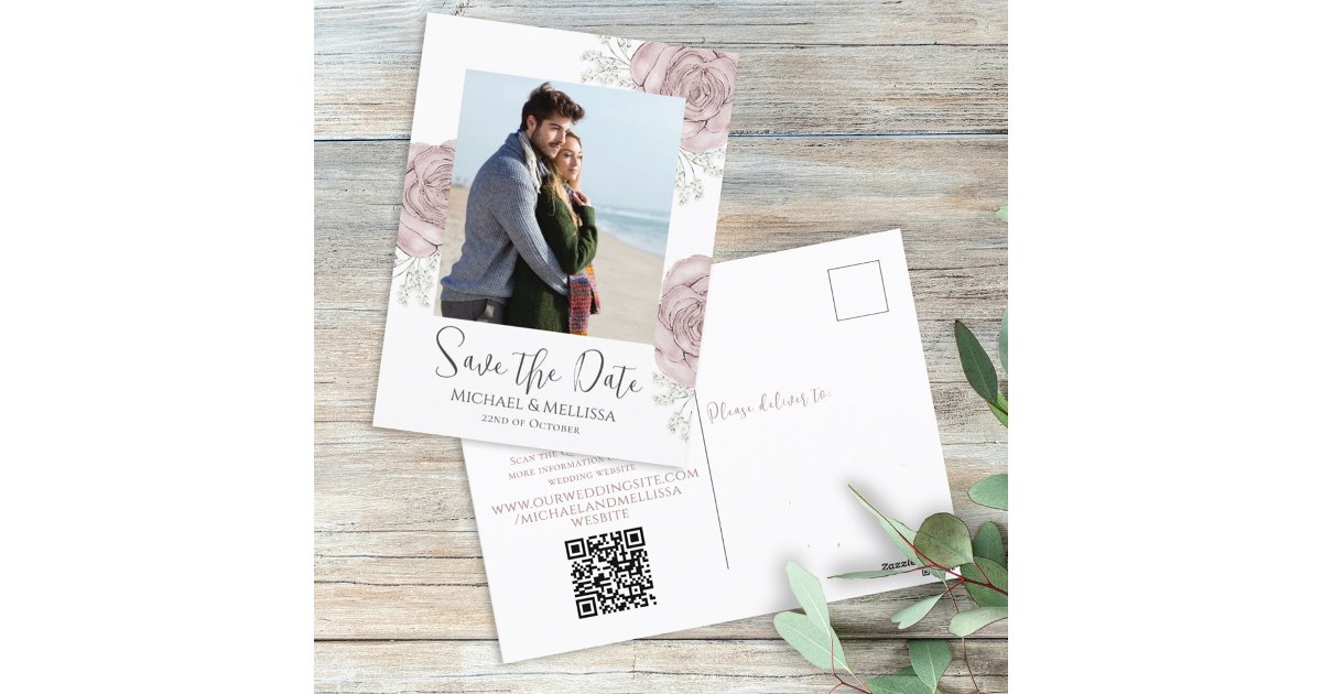 Modern Simple Dusty Rose Floral Photo QR Code Postcard | Zazzle