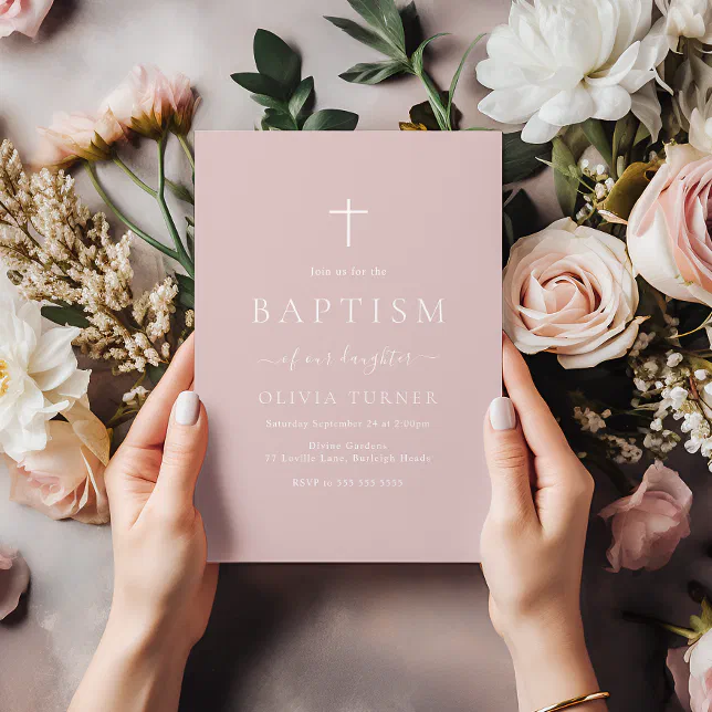 Modern Simple Elegant Blush Dusty Pink Baptism Invitation | Zazzle