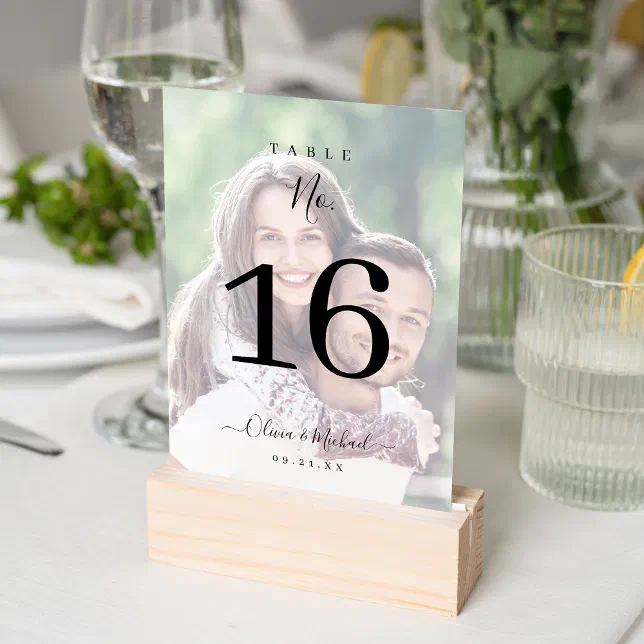 Modern simple elegant script photo wedding table number | Zazzle