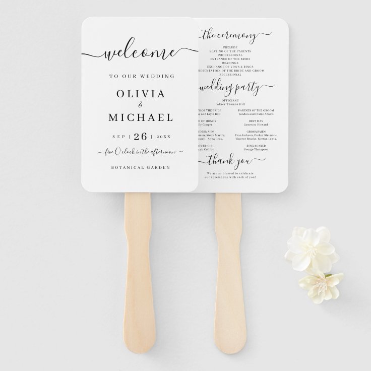 Modern simple elegant script wedding program hand fan | Zazzle