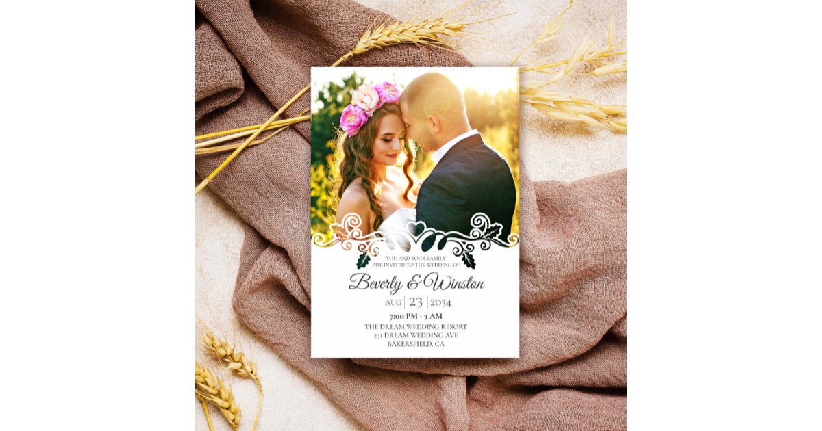 Modern Simple Floral Photo Frame Wedding Invitation | Zazzle