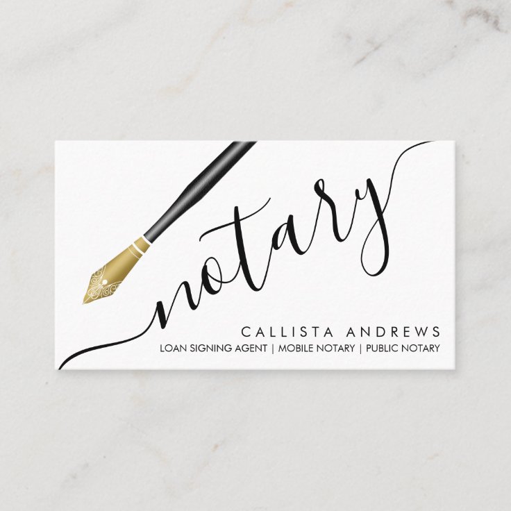 Modern Simple Gold Black Fountain Pen Notary Loan Business Card | Zazzle