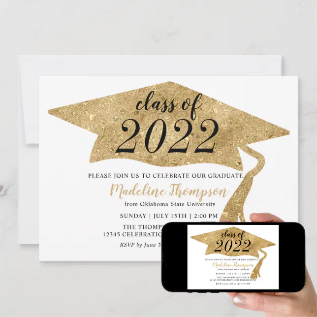 Modern Simple Gold Graduation Hat Party Invitation | Zazzle