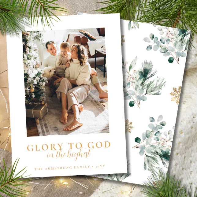 Modern Simple Gold & Greenery Photo Christmas Holiday Card | Zazzle