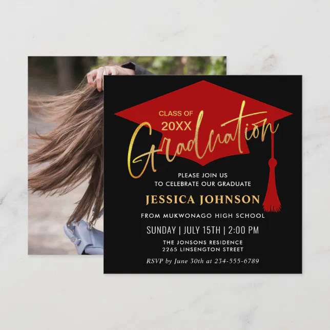Modern Simple Golden Red Graduation Party Invitation | Zazzle