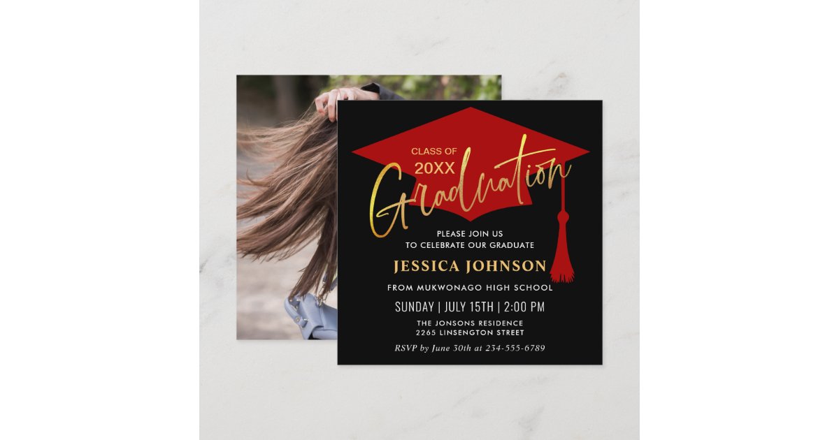 Modern Simple Golden Red Graduation Party Invitation | Zazzle