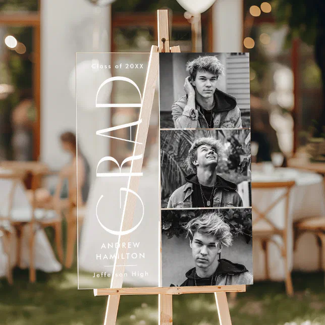 Modern Simple Grad 3 Photo Graduation Party Acrylic Sign | Zazzle