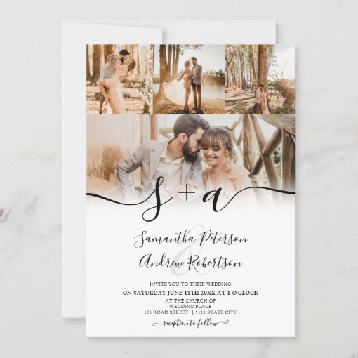 Modern simple initials script 5 photos wedding invitation | Zazzle