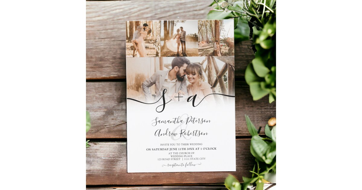 Modern simple initials script 5 photos wedding invitation | Zazzle