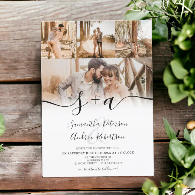 Modern simple initials script 5 photos wedding invitation | Zazzle