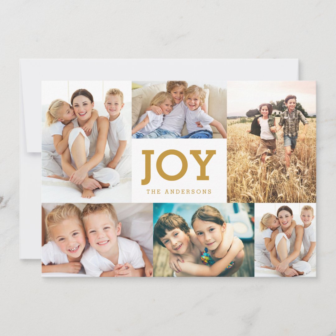 Modern Simple Joy Holiday Photo Collage Card | Zazzle