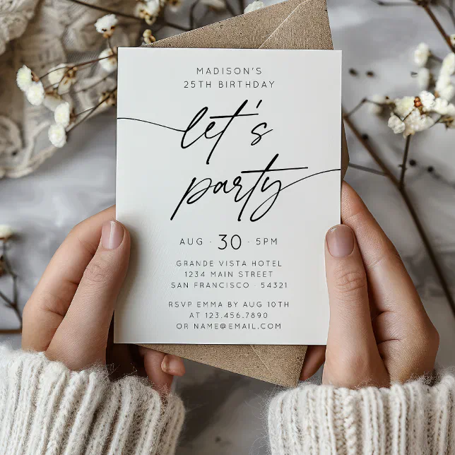 Modern Simple Let's Party Script Birthday Invitation | Zazzle