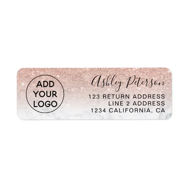 Modern simple logo rose gold glitter marble label | Zazzle