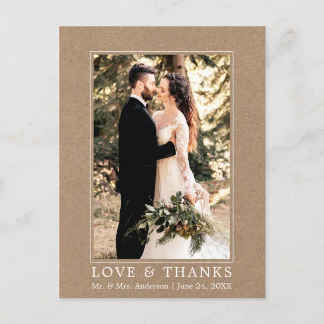 Modern Simple Love Thanks Wedding Photo Kraft Postcard | Zazzle