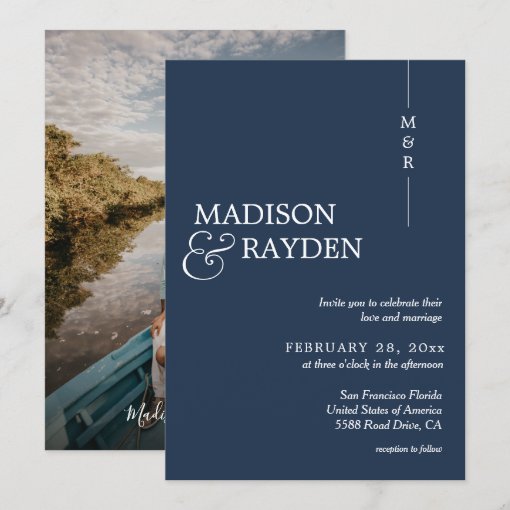 Modern Simple Navy Blue Monogram Photo Wedding Invitation | Zazzle