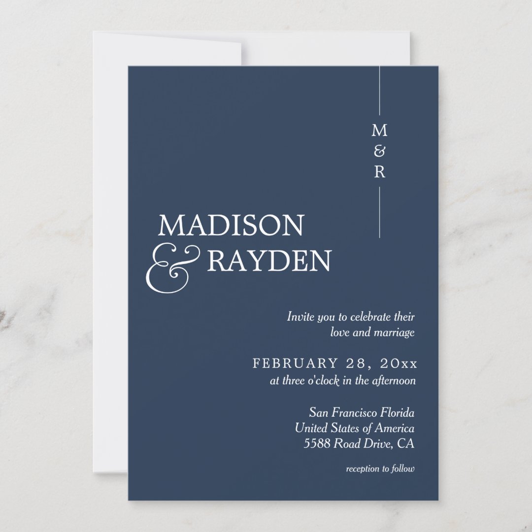 Modern Simple Navy Blue Monogram Photo Wedding Invitation | Zazzle