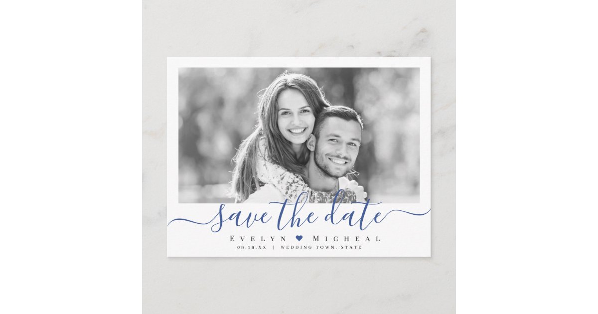 Modern simple navy script photo save the date postcard | Zazzle