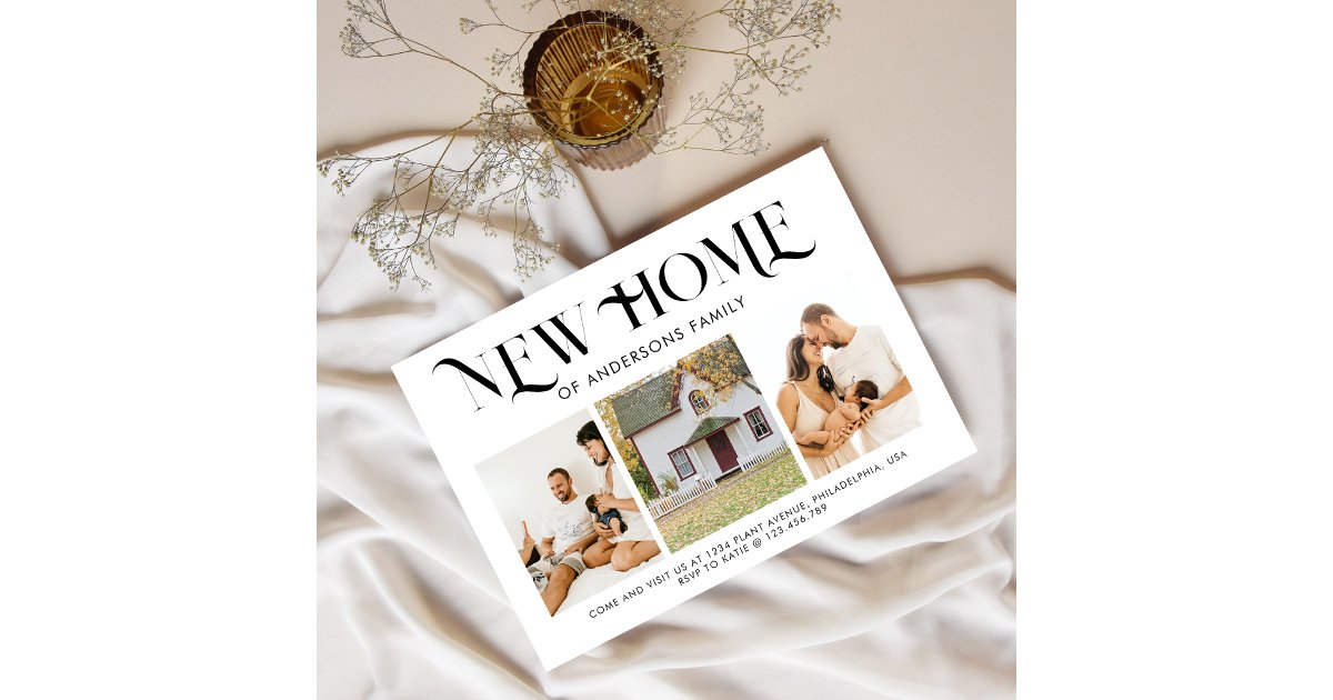 Modern Simple New Home 3 Photo Moving Black Announcement Postcard | Zazzle