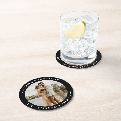Modern Simple Personalized Photo Black Wedding Round Paper Coaster | Zazzle