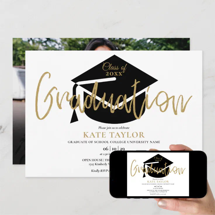 Modern Simple Photo Gold Script Graduation Party Invitation | Zazzle
