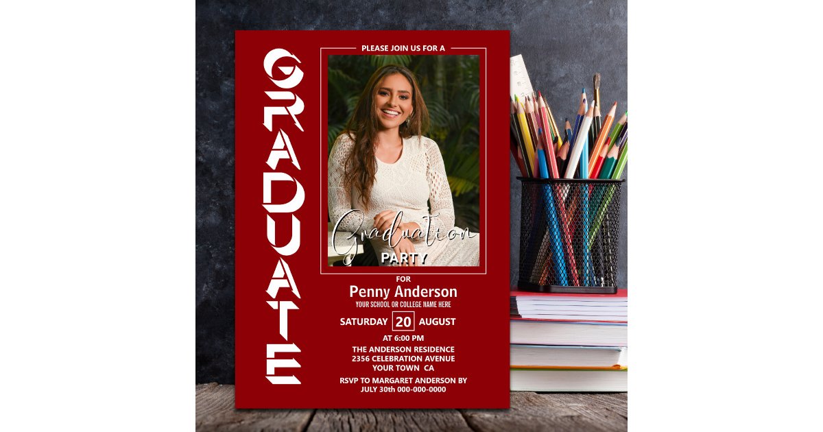 Modern Simple Photo Red Graduation Party Invitation | Zazzle