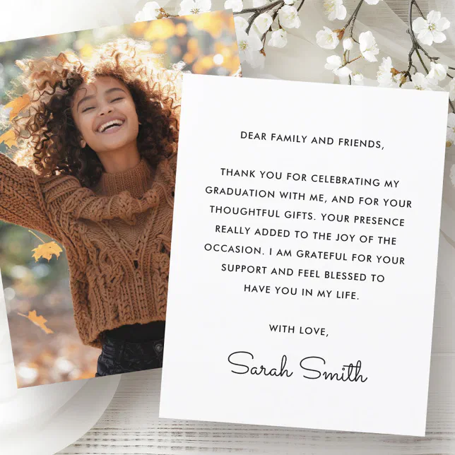Modern simple photo white graduation thank you card | Zazzle