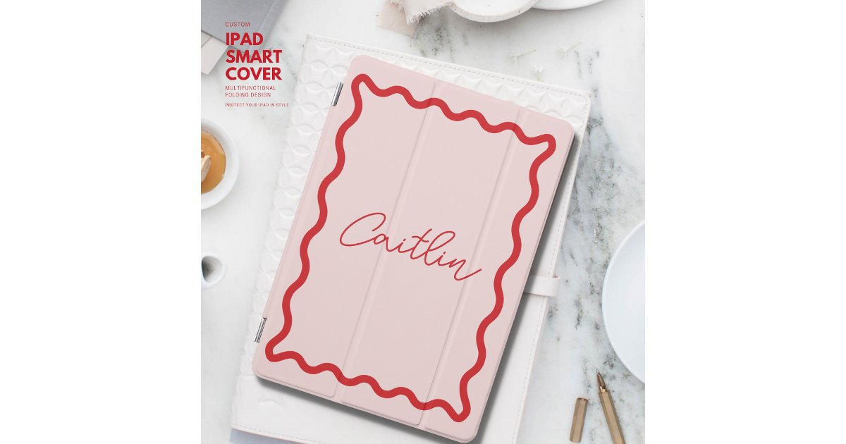 Modern Simple Pink and Red Wave Border Monogram iPad Pro Cover | Zazzle