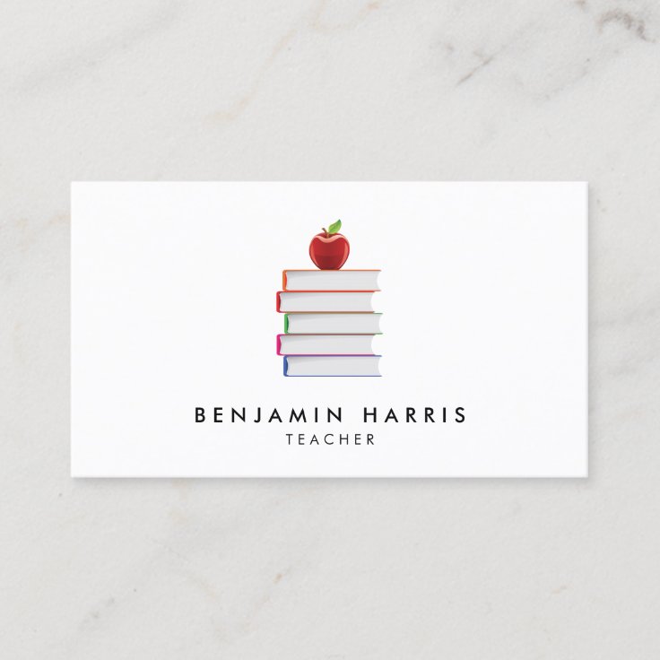 Modern Simple Red Apple And Books Teacher Business Card | Zazzle