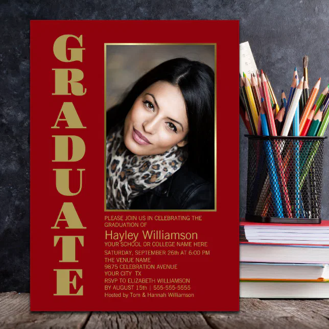 Modern Simple Red Gold Photo Graduation Party Invitation | Zazzle