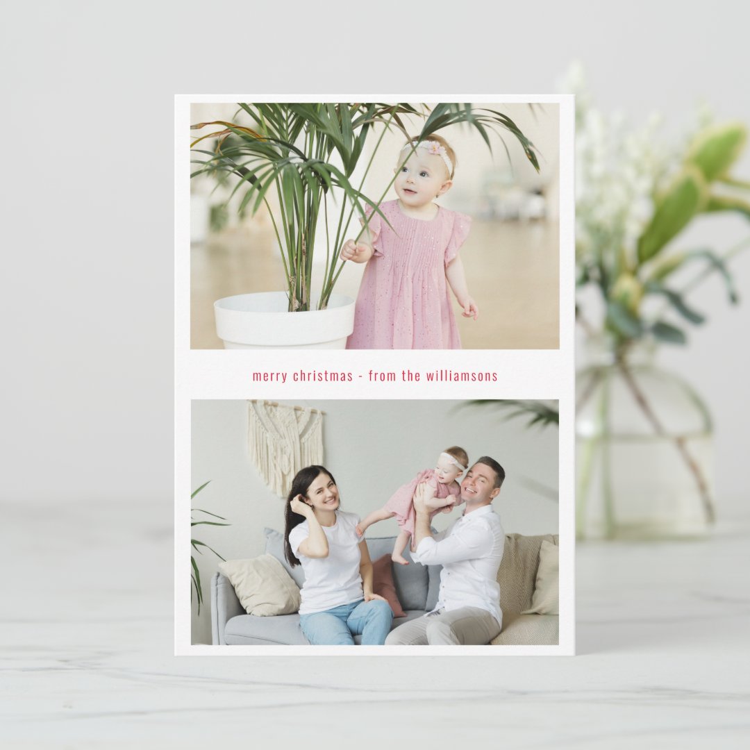 Modern Simple Red Merry Christmas Three Photo Holiday Card | Zazzle
