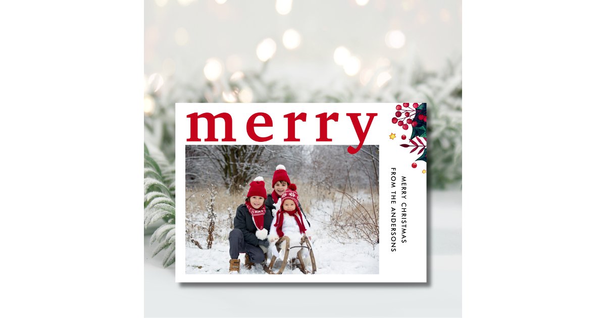 Modern Simple Red Merry Photo Holiday Card | Zazzle