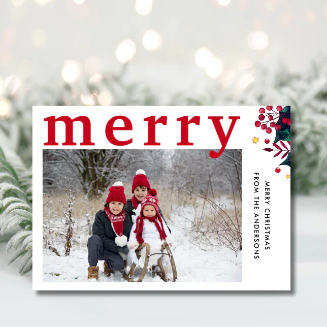 Modern Simple Red Merry Photo Holiday Card | Zazzle