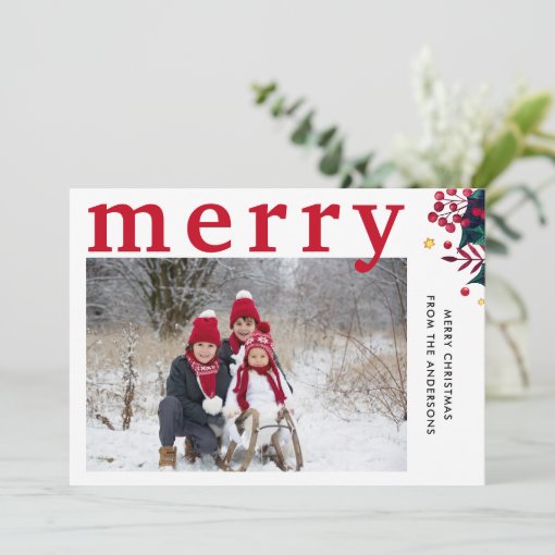 Modern Simple Red Merry Photo Holiday Card | Zazzle