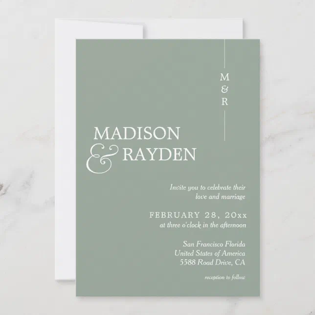 Modern Simple Sage Green Monogram Photo Wedding Invitation | Zazzle